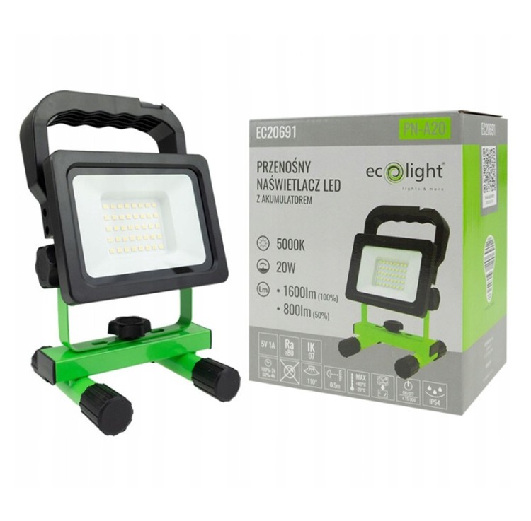 Naświetlacz LED Halogen Przenośny Akumulator Warsztat 20W Kabel USB-C ...